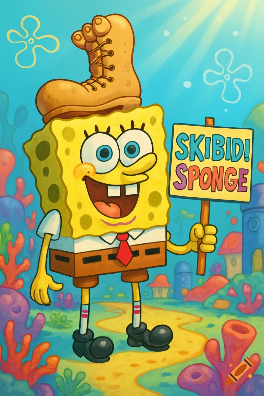SpongeBob SquarePants stands in an underwater scene, wearing a foot ...