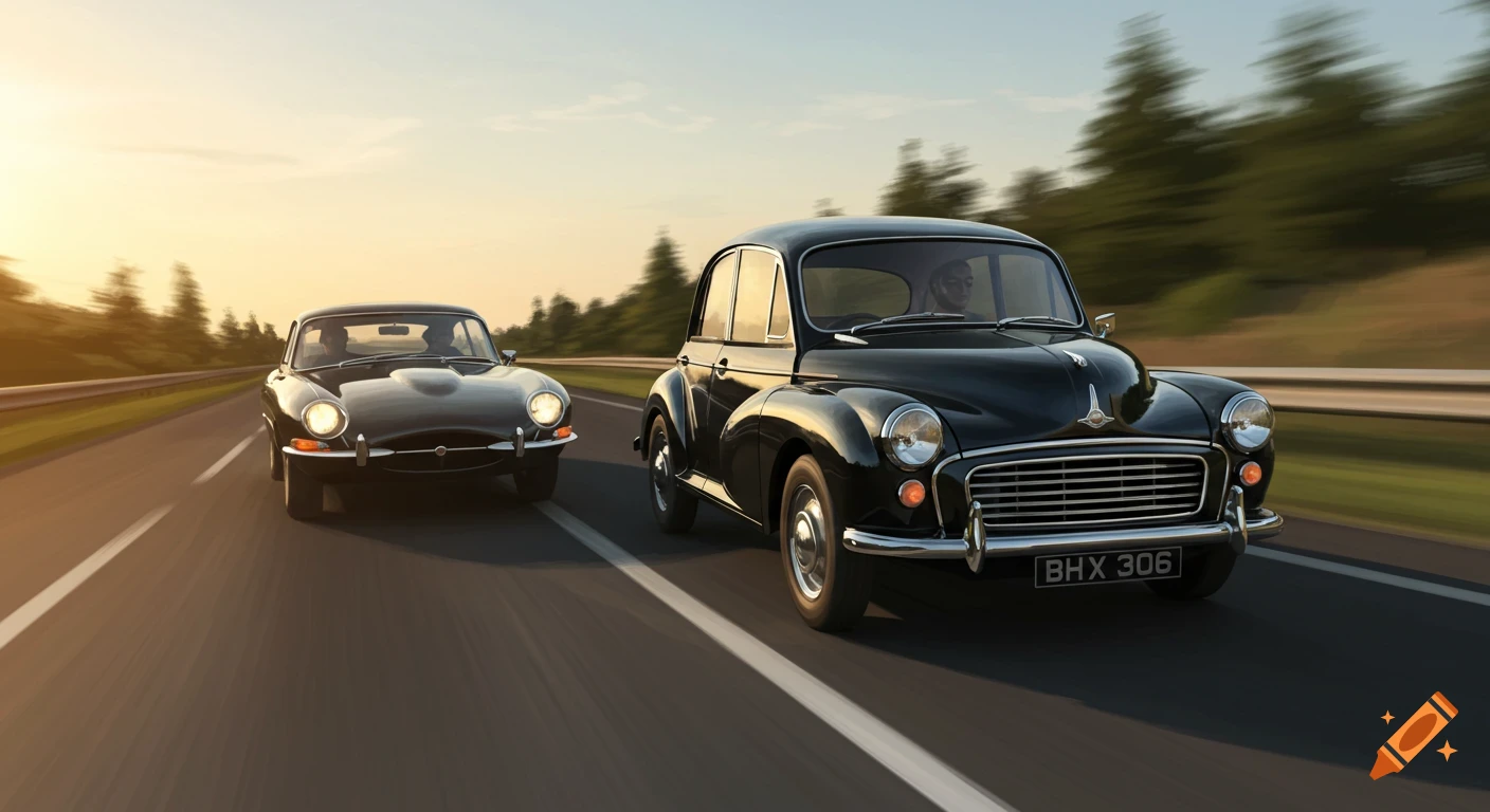 A black Morris Minor passes a black E-type Jaguar on a road at sunset ...