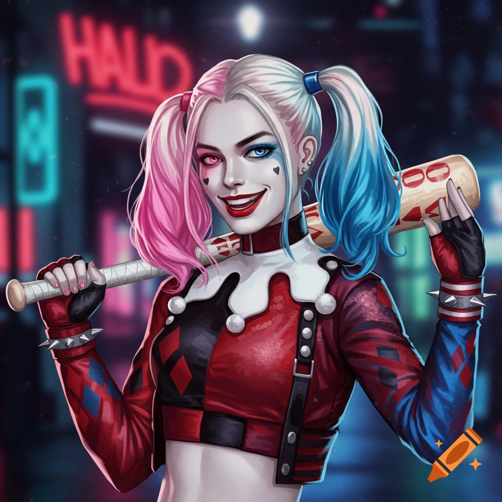 Drawing of Harley Quinn holding a baseball bat against a colorful ...