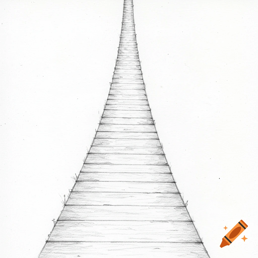 Pencil sketch of a wooden pathway receding into the distance, with ...