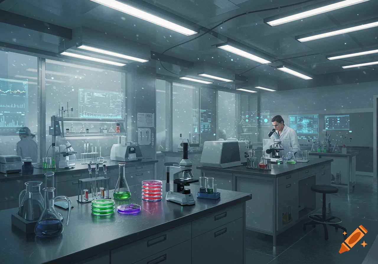 A 360-degree view of a modern chemistry laboratory filled with colorful ...