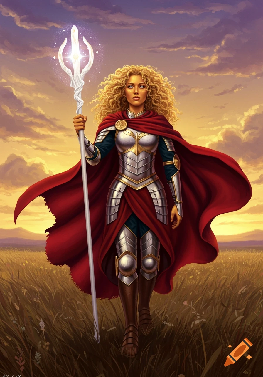 Heroic blonde woman in silver armor and red cloak holds a glowing staff ...