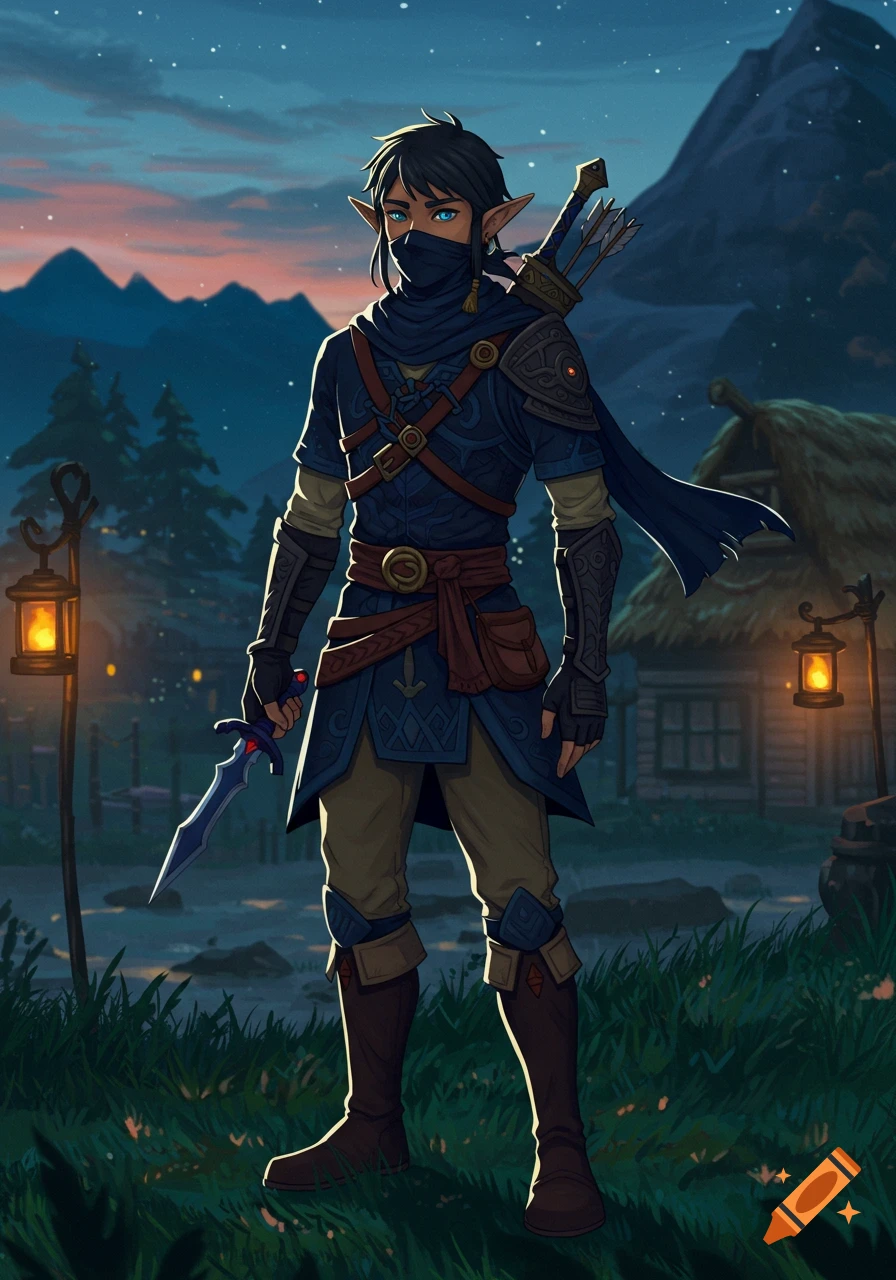 A character resembling Link from Zelda, wearing a dark blue ninja-like ...