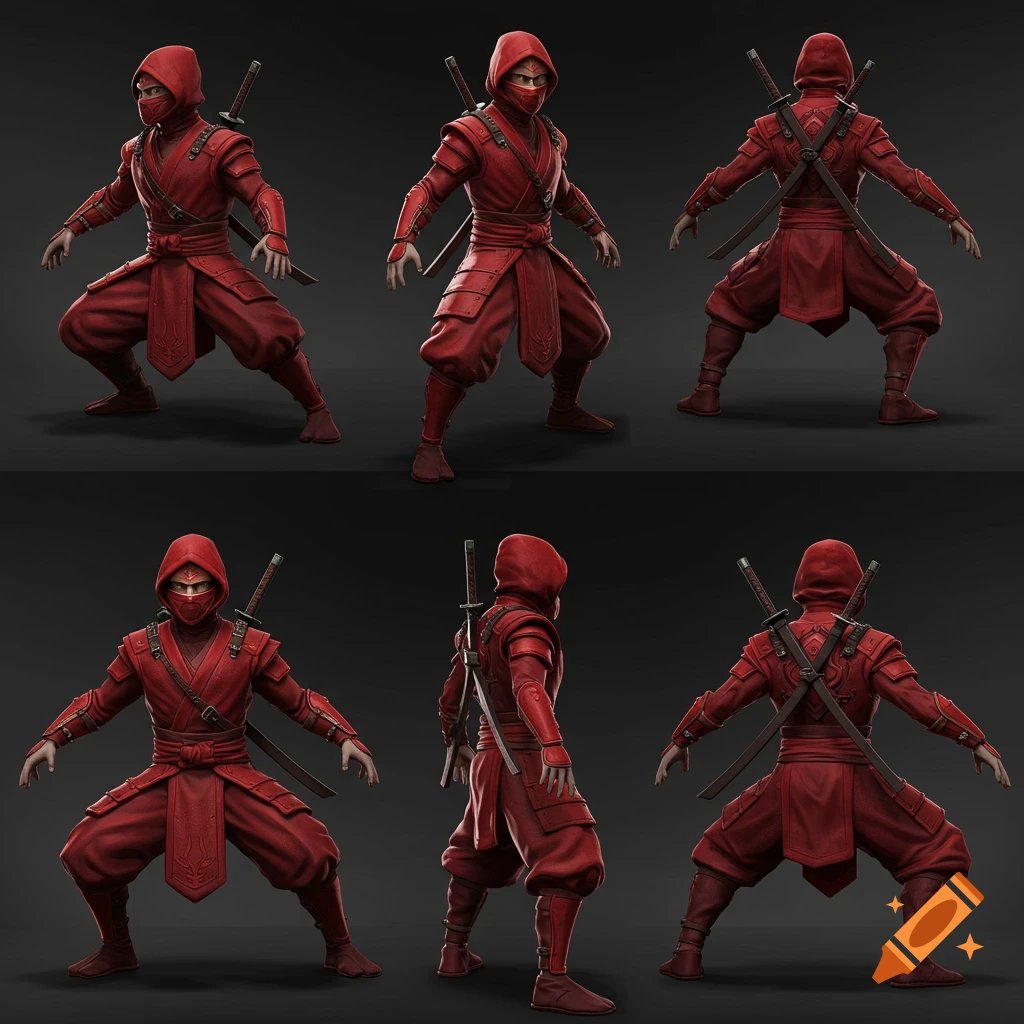 Six detailed views of a male ninja in a red hooded outfit with a mask ...