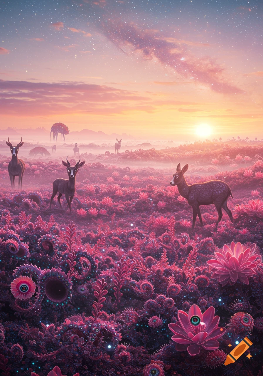 Four deer stand in a vibrant pink and purple fantasy landscape under a ...