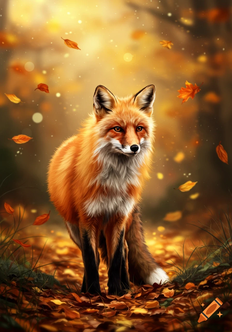 A beautiful red fox with white chest fur stands alert in a vibrant, sun ...