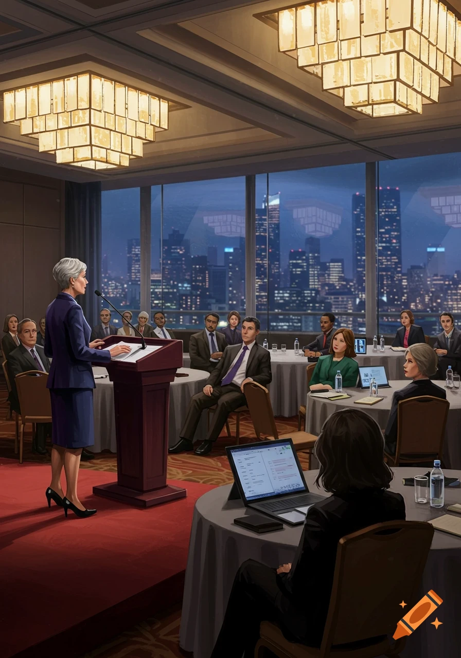 A female speaker presents at a podium to an audience in a modern ...