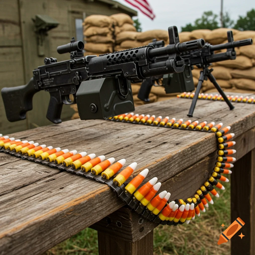 Two machine guns on a wooden table with an ammunition belt made of ...