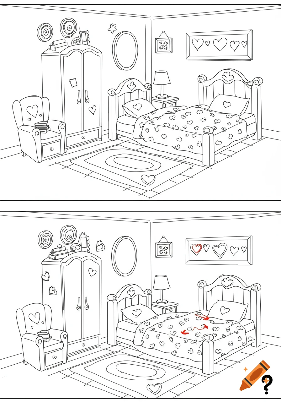 A black and white cartoon drawing of a bedroom split into two scenes ...