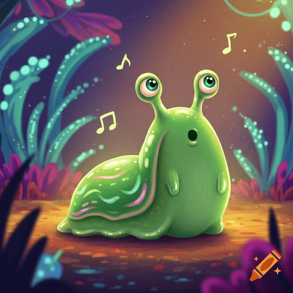 A cute, vibrant green cartoon slug with big eyes and musical notes in a ...