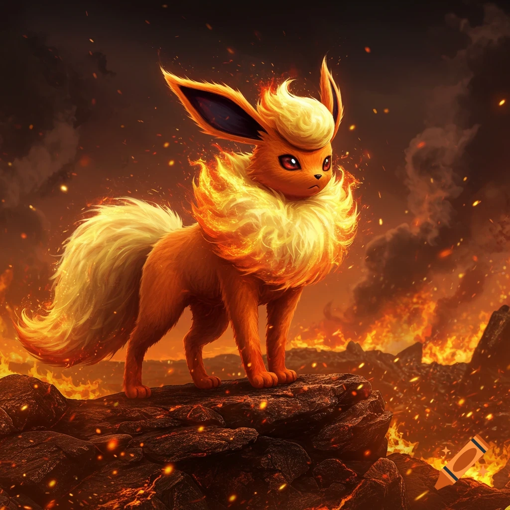 A realistic Flareon, a fiery fox Pokémon, stands on a rock in a blazing ...