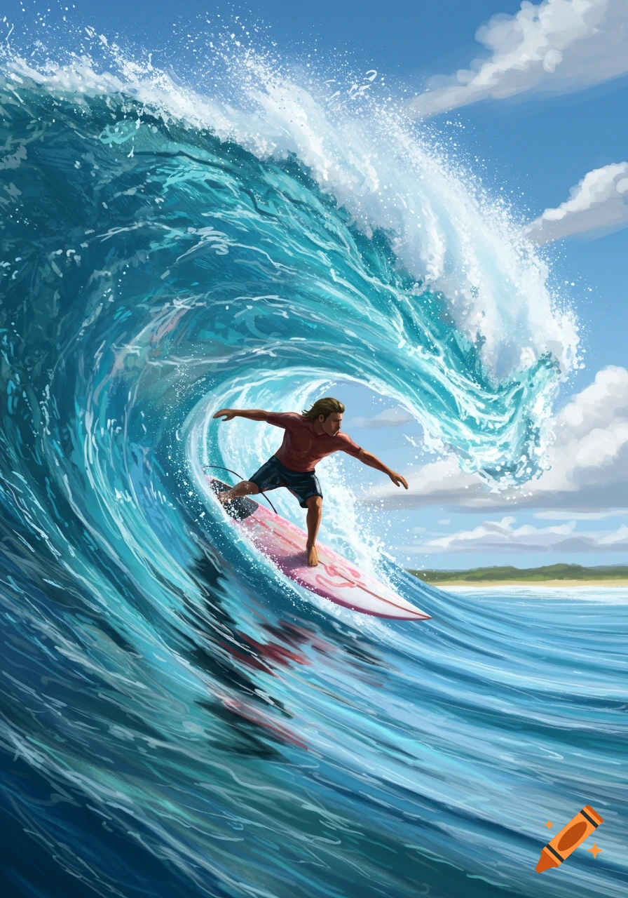 An illustrated male surfer rides a large, turquoise blue wave in the ocean under a clear blue ...