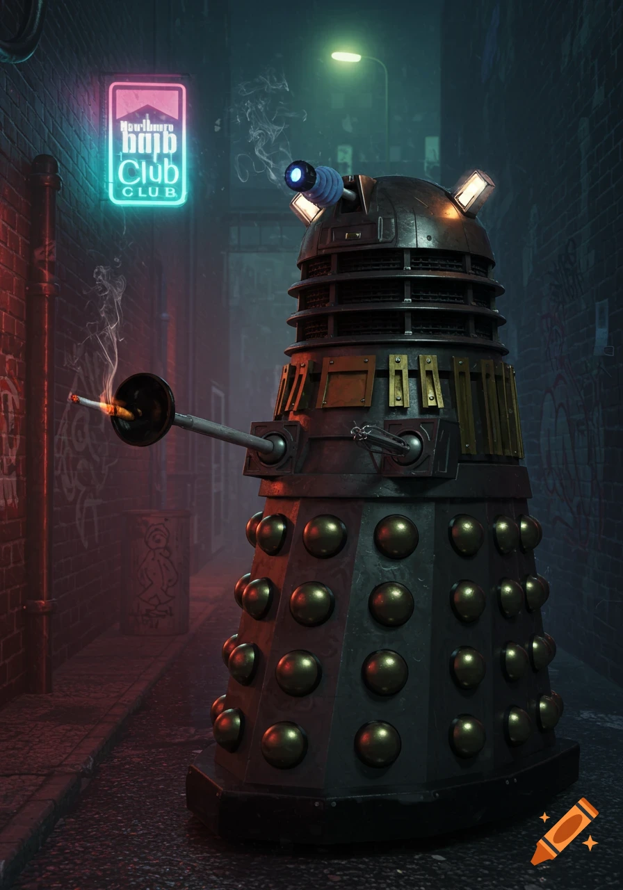 A Dalek smoking a cigarette in a dark, neon-lit urban alleyway next to ...
