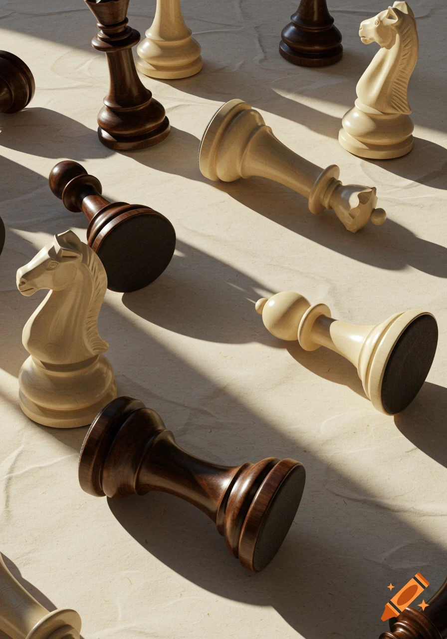 Photorealistic image of scattered dark and light wooden chess pieces on ...