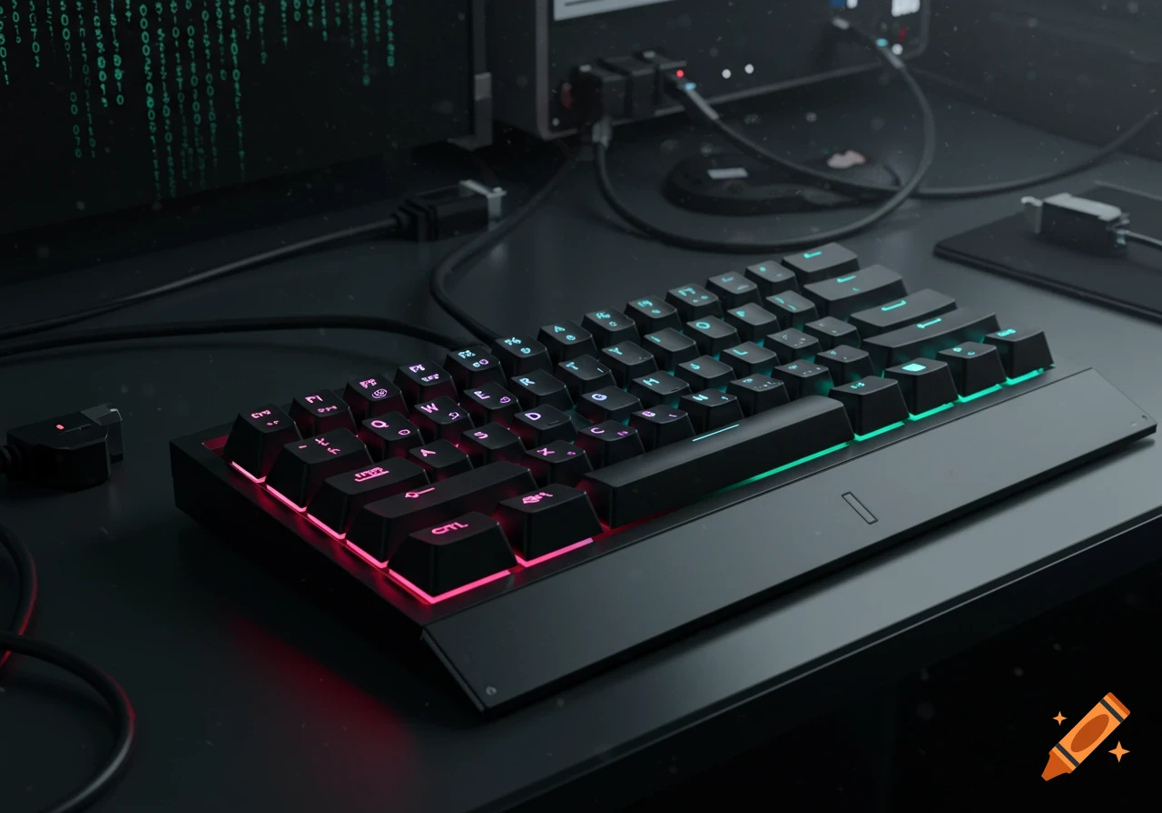 A dark mechanical keyboard with glowing blue keys and purple underglow ...