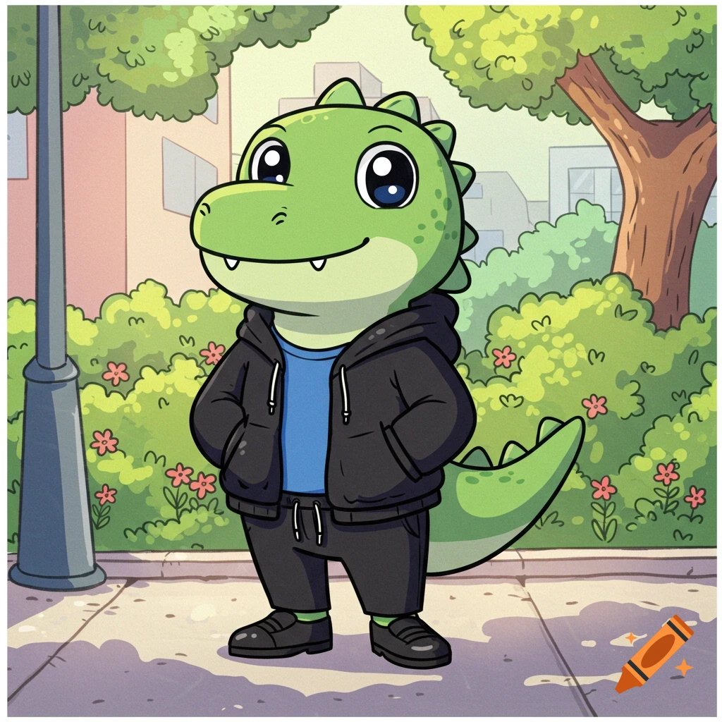 A friendly cartoon alligator with glasses, a hoodie, and a '12' t-shirt ...