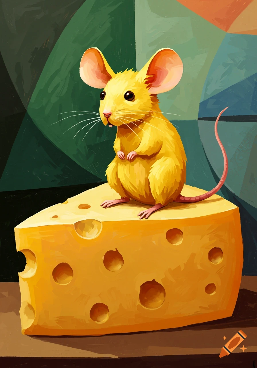 A stylized yellow mouse sits on a large wedge of Swiss cheese against ...