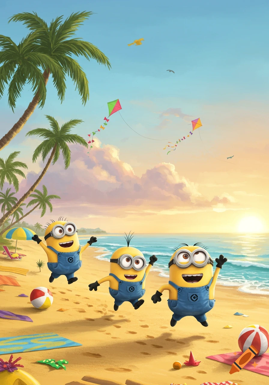 Three excited Minions jump and dance on a sunny beach at sunset, with ...