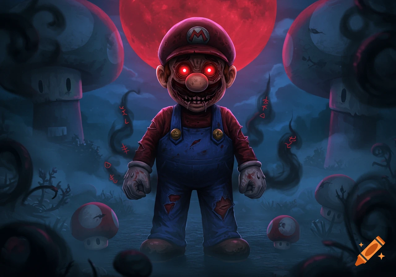 Blue-clad Mario and a cyborg Luigi stand in a neon-lit, digital ...