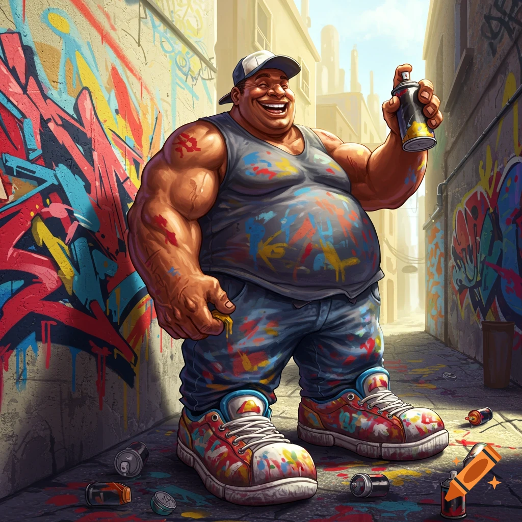 Vibrant cartoon of a smiling, paint-splattered man holding a spray can ...