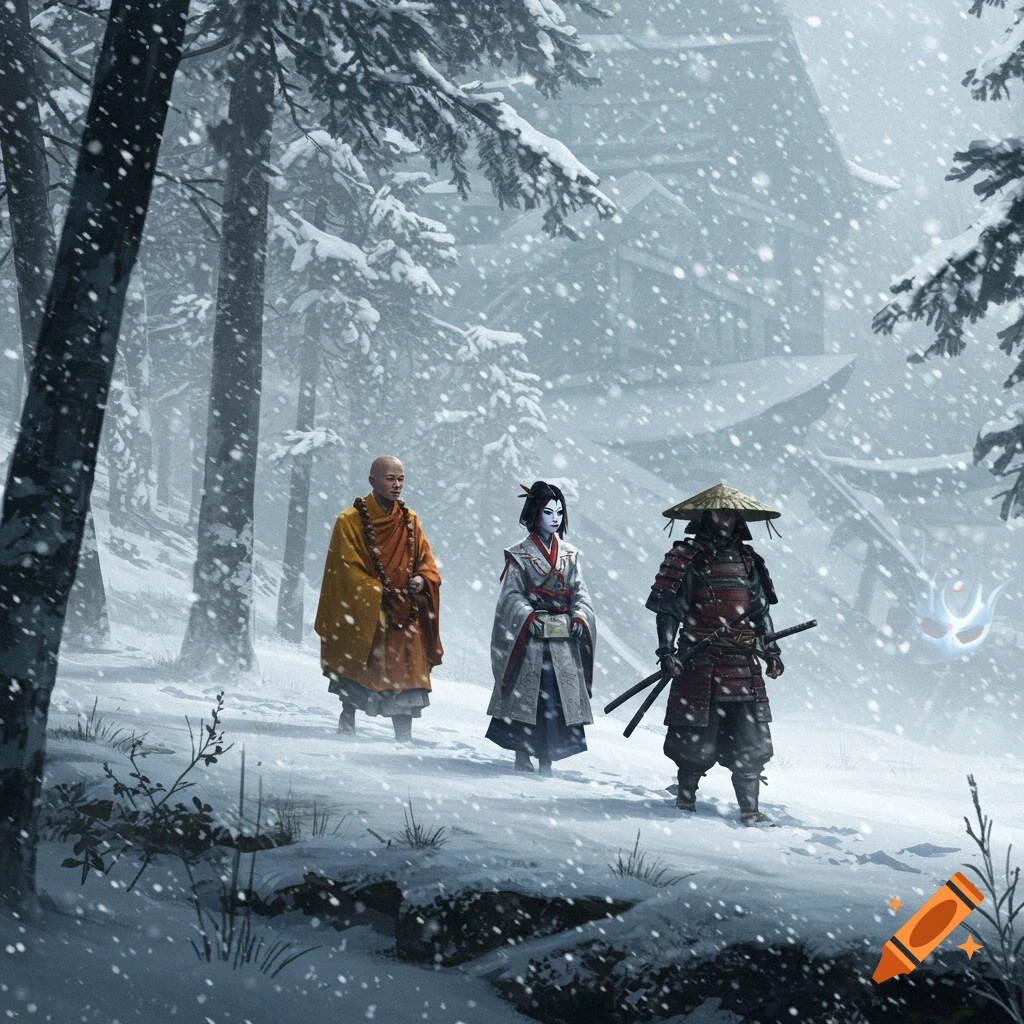 A monk, a woman in traditional attire, and a samurai walk through a ...