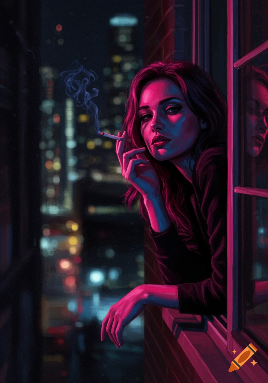 A woman leans out a window at night, holding a lit cigarette with smoke ...