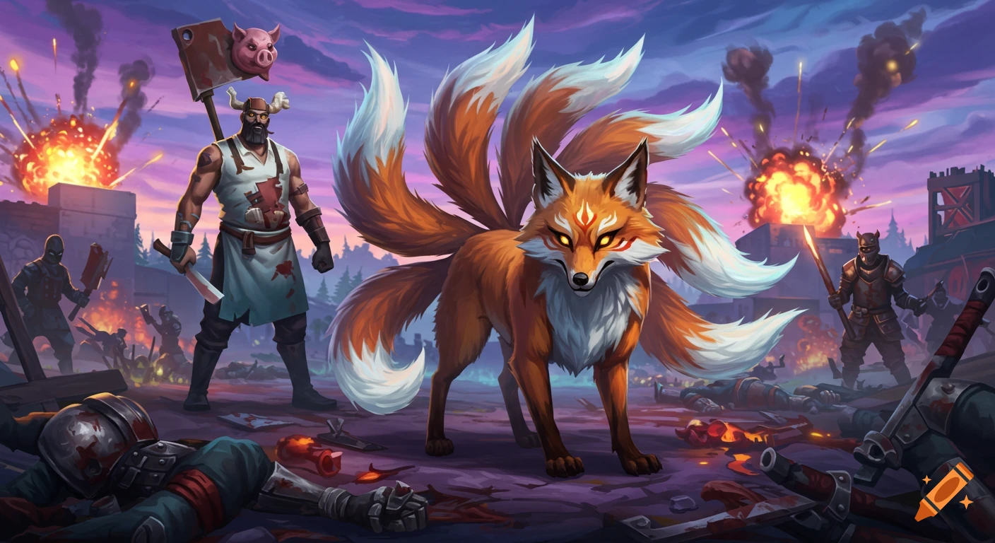 A stylized fantasy illustration of a nine-tailed fox standing amidst a ...