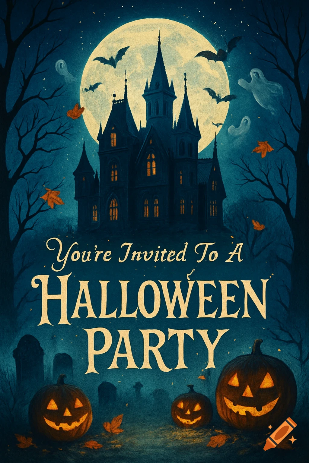 A spooky Halloween illustration of a haunted house at night with ...