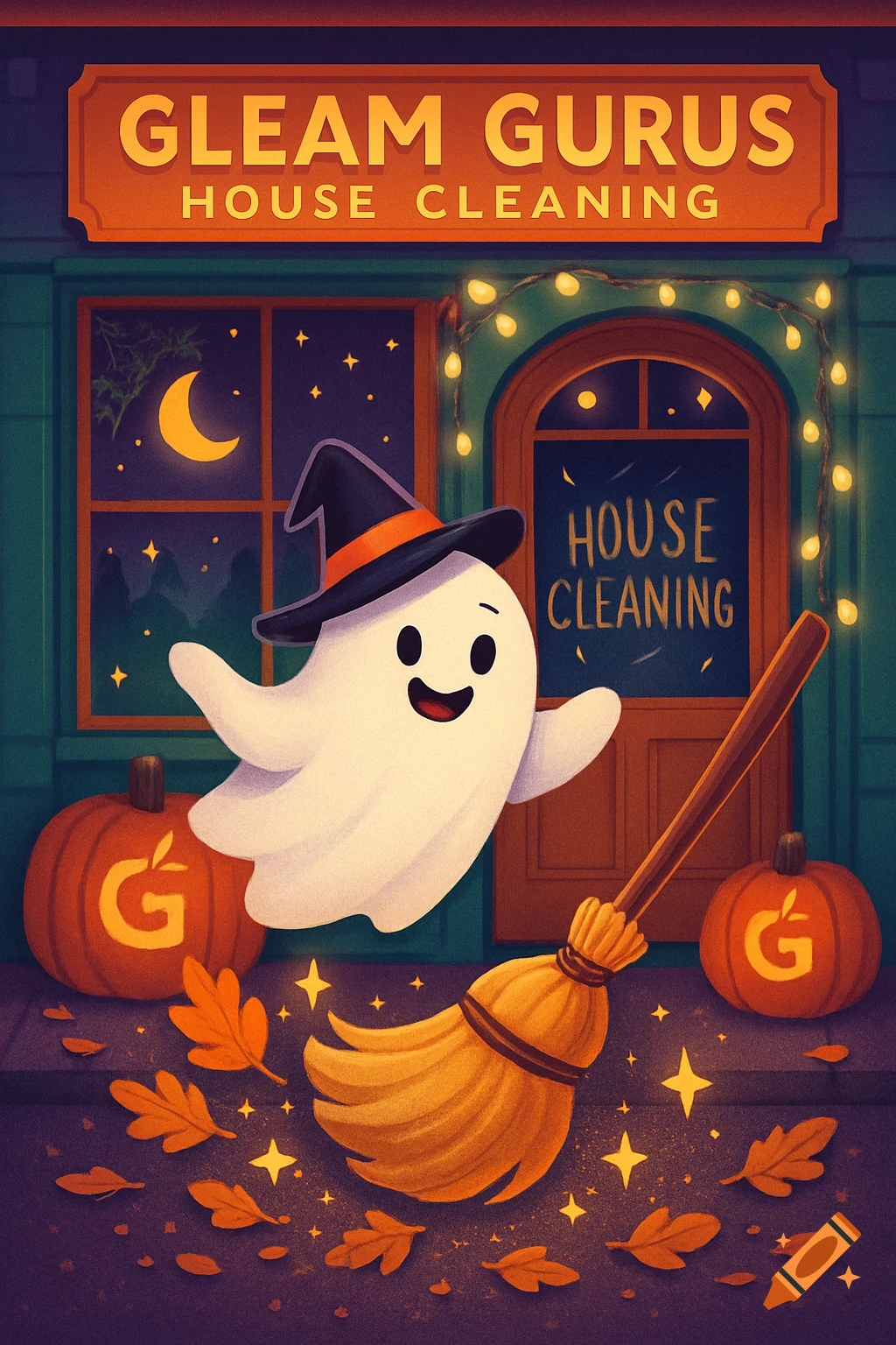 A cute cartoon ghost in a witch hat flies past a Gleam Gurus House ...
