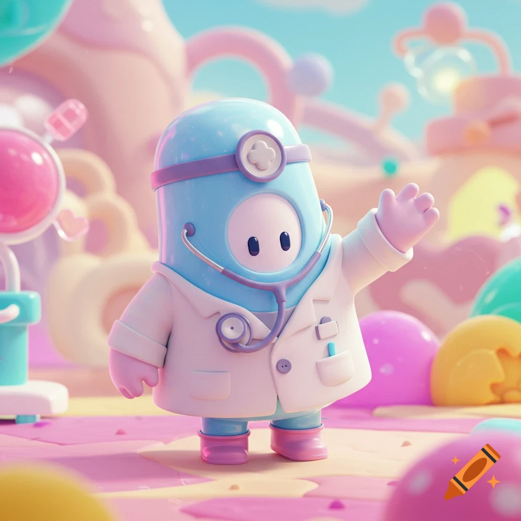 A light blue Fall Guys character dressed as a doctor in a white lab ...