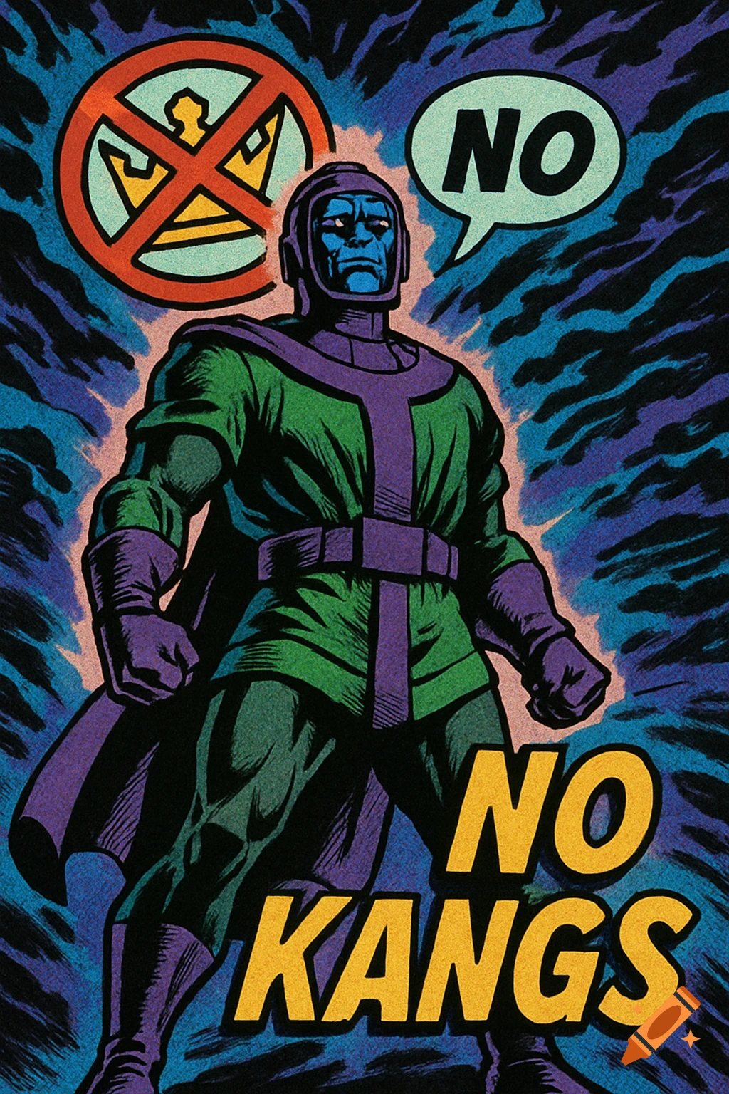 Comic book art of Kang the Conqueror with a 'NO' speech bubble, a ...