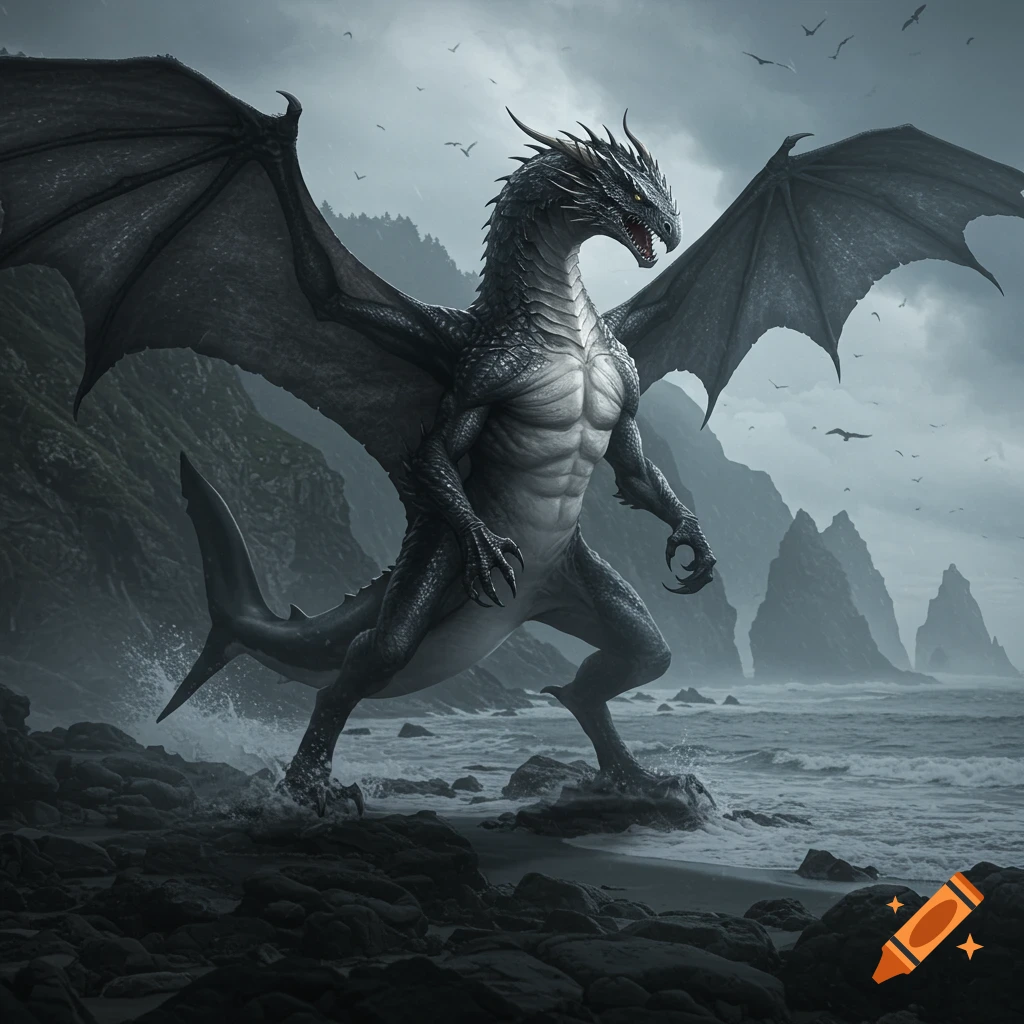 A majestic dark grey dragon-shark hybrid with large wings stands on a rocky beach by the stormy ...
