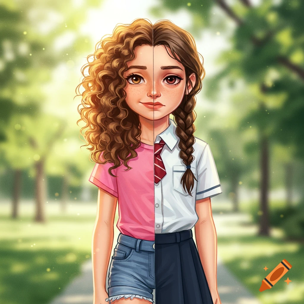 Cartoon illustration of a girl split in half; one side has curly hair ...