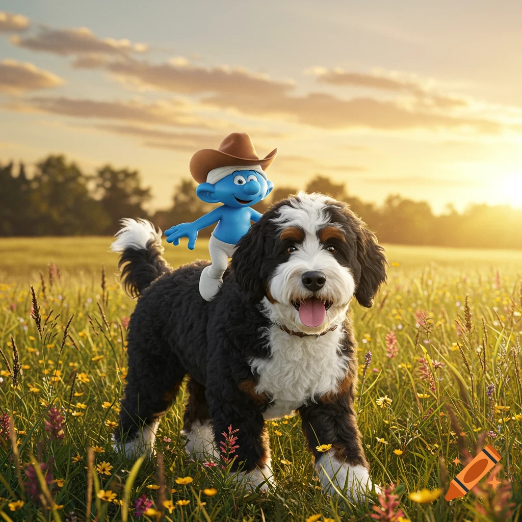 A Smurf in a cowboy hat rides a happy Bernedoodle dog through a sunny ...