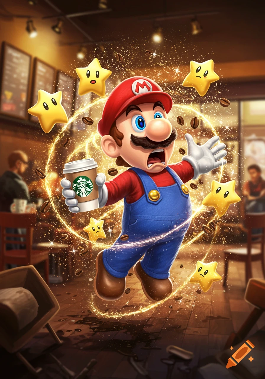 Mario in a whimsical fantasy kingdom, holding a spoon with a swirled ...