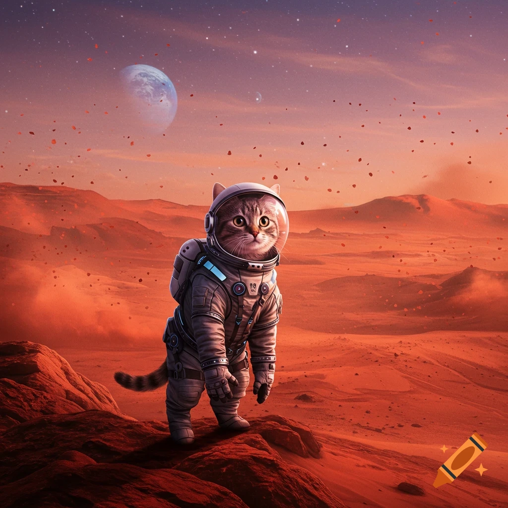 A cute tabby cat in a detailed astronaut suit stands on the rocky red ...