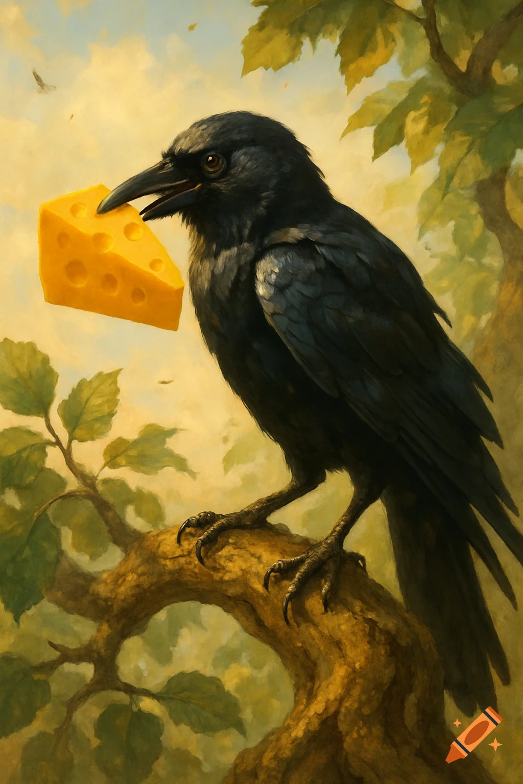 A black crow perches on a tree branch, holding a large wedge of Swiss ...
