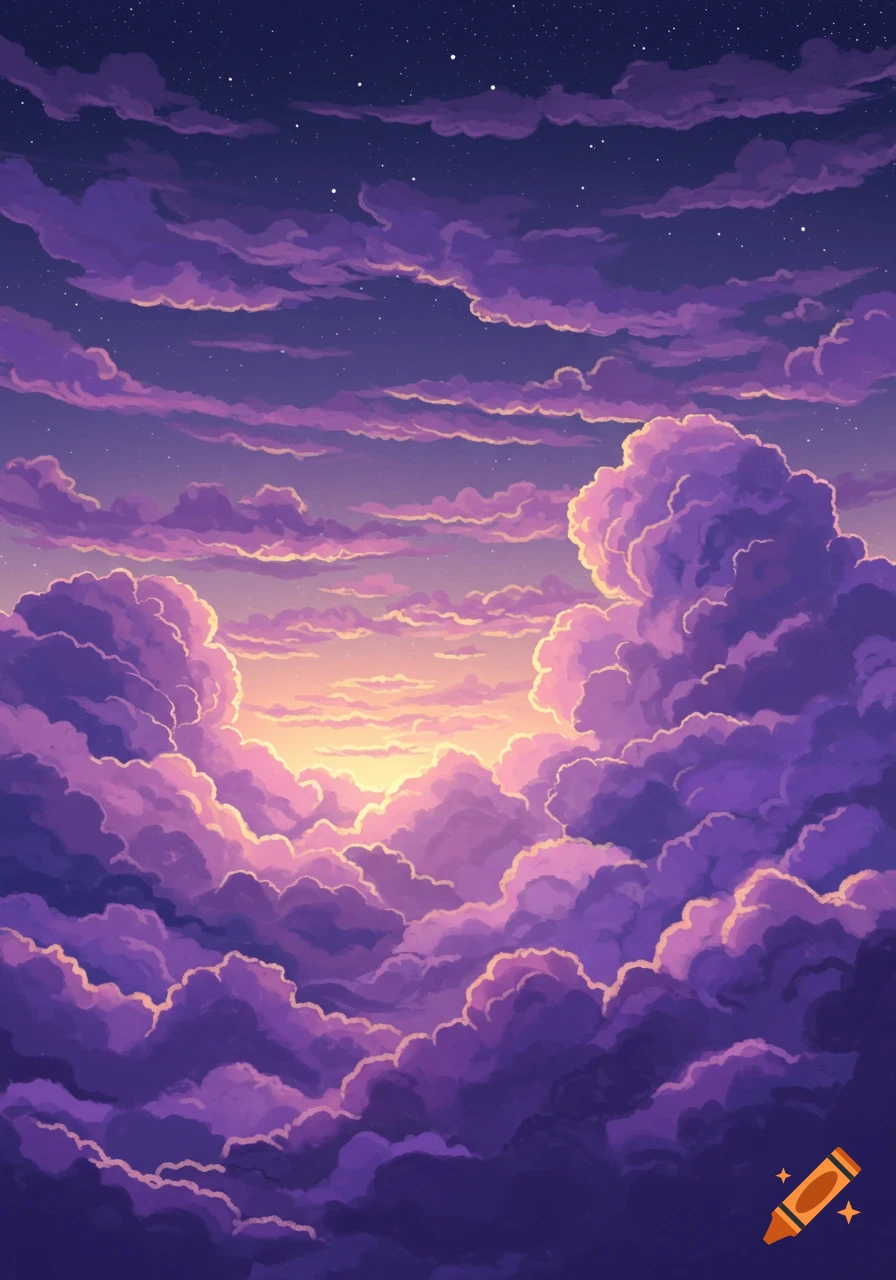 Vibrant, stylized sunset sky with voluminous purple and pink clouds ...