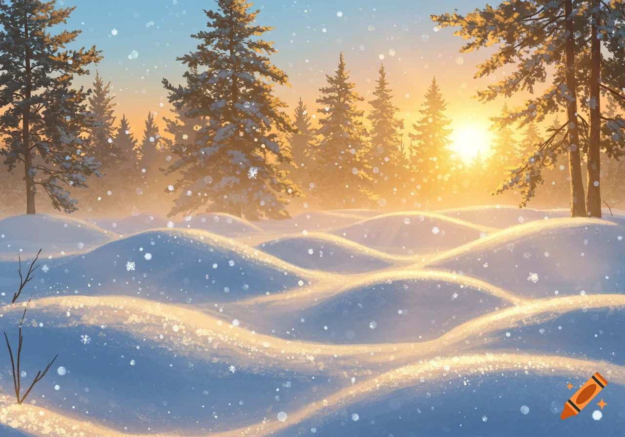 Snowy winter forest at sunset, with a winding path, stream, and ...