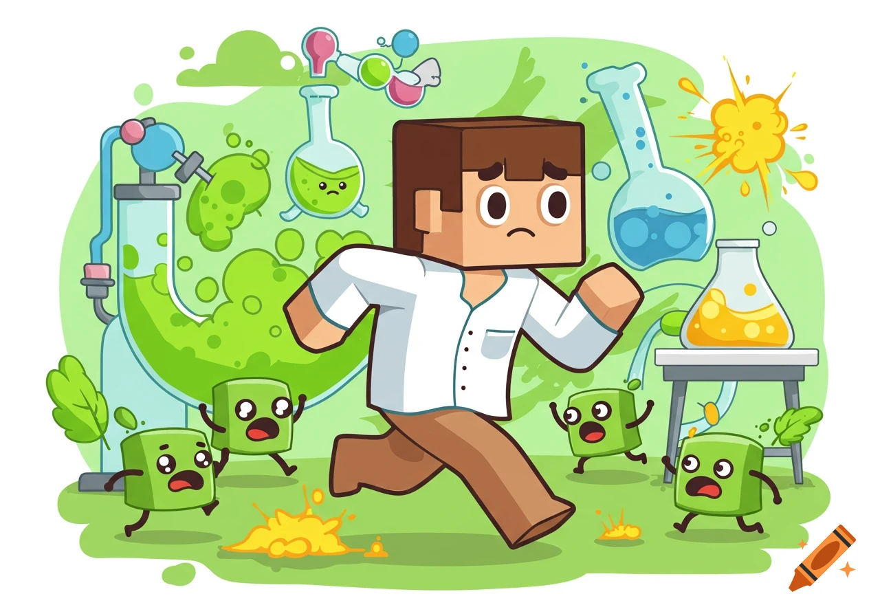 A block-style character in a lab coat runs from green cube monsters ...