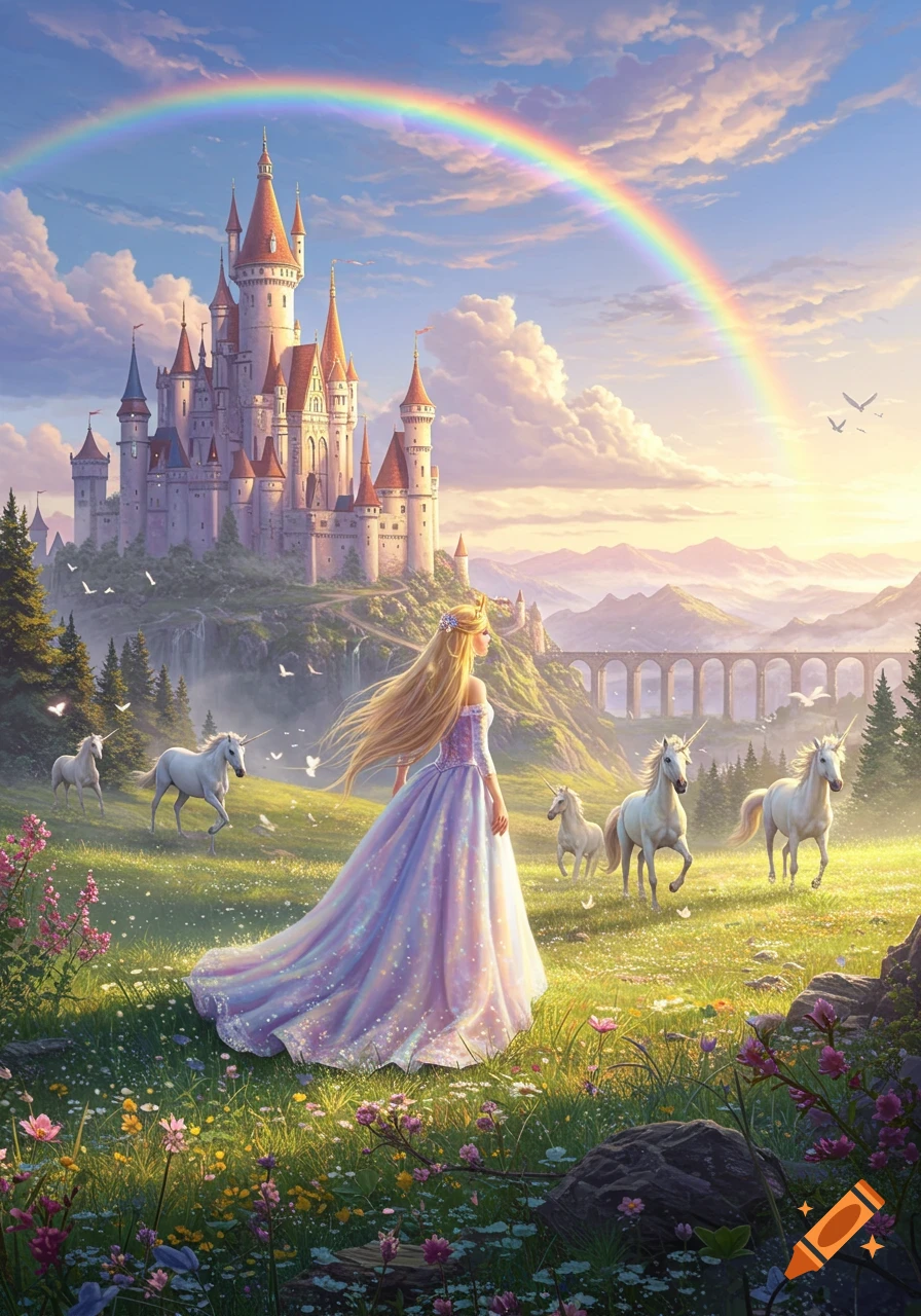 A princess in a sparkling gown looks at unicorns in a field, with a ...