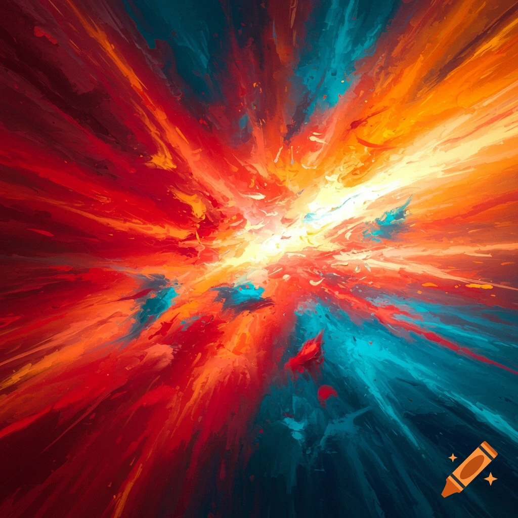 Vibrant abstract painting with a dynamic burst of blue, red, orange ...