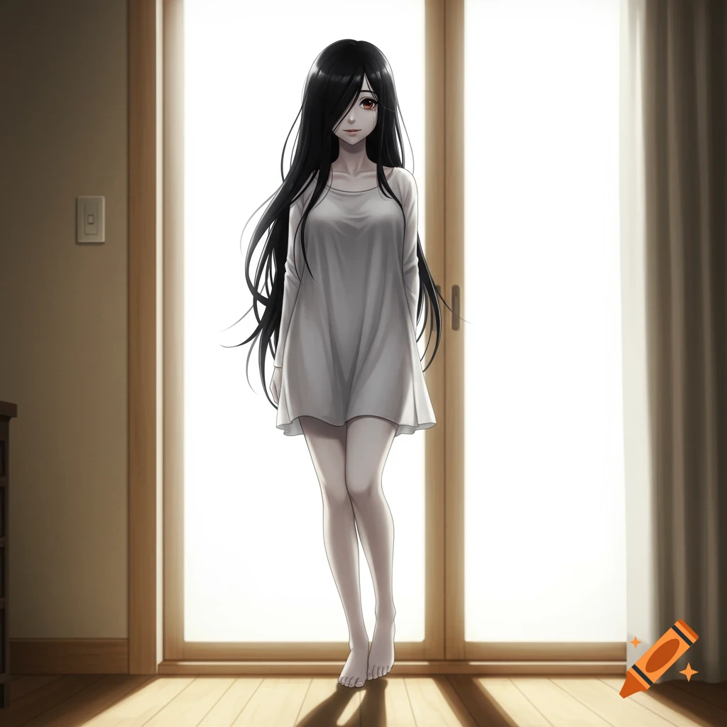 Anime ghost woman with long black hair, pale skin, in a white dress ...