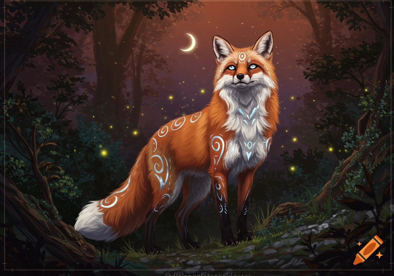 A mystical orange fox with white and blue glowing tribal markings ...