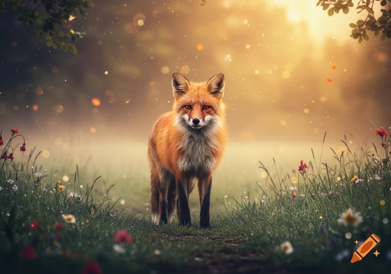 A red fox stands on a narrow path in a sun-drenched, misty forest ...