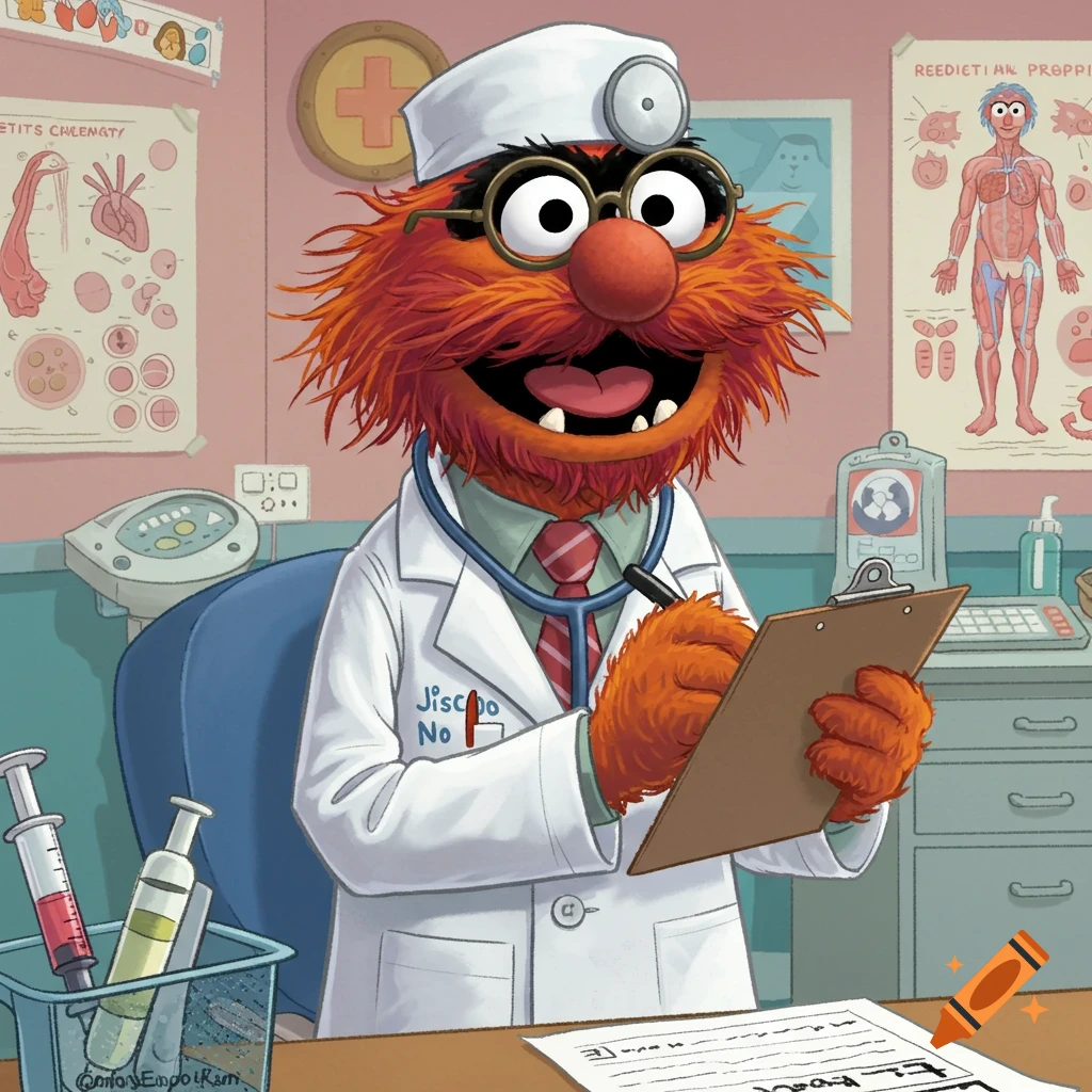 Animal from The Muppets dressed as a doctor, wearing a lab coat and ...