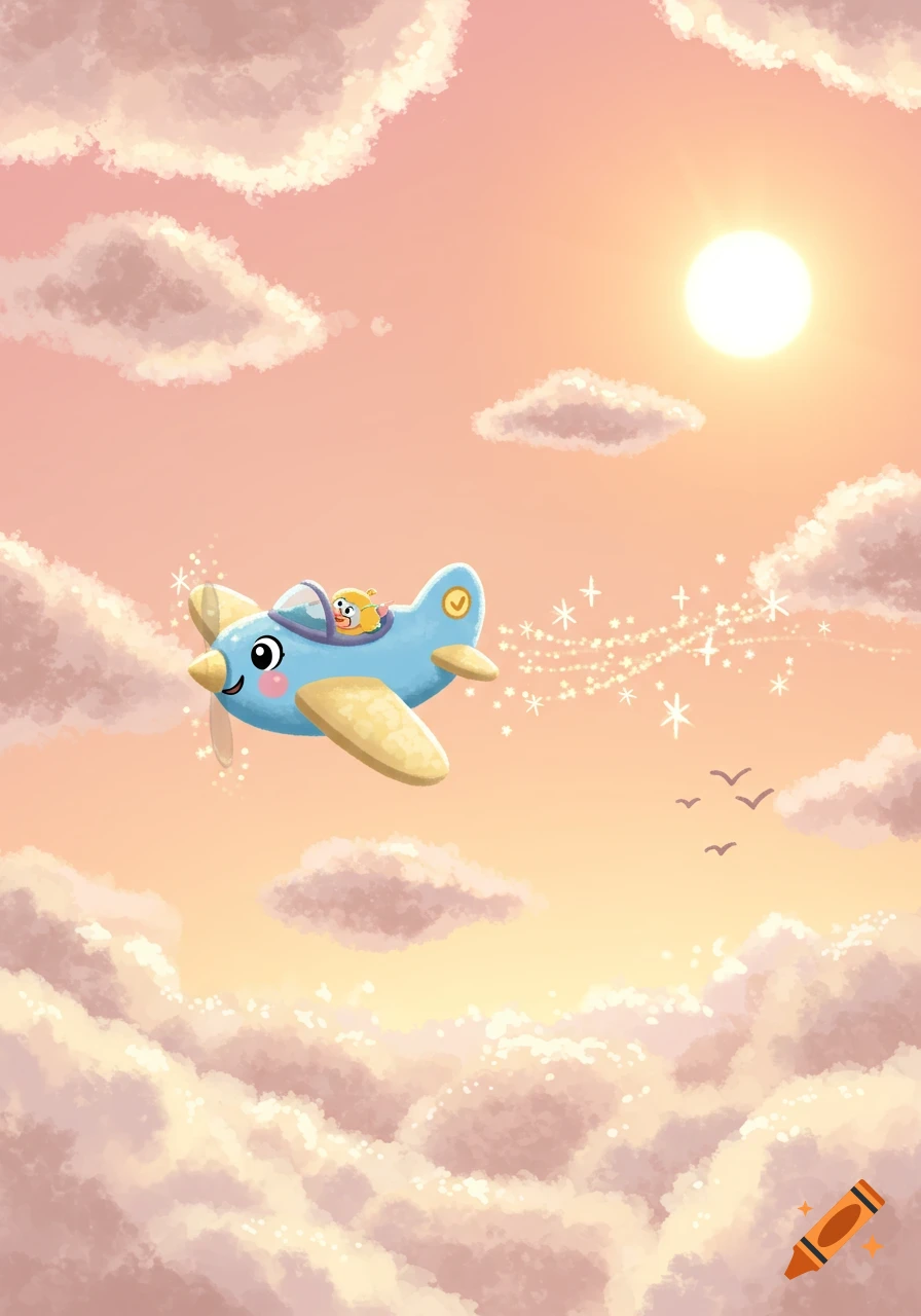 A cute, blue cartoon airplane with a small yellow character flies ...