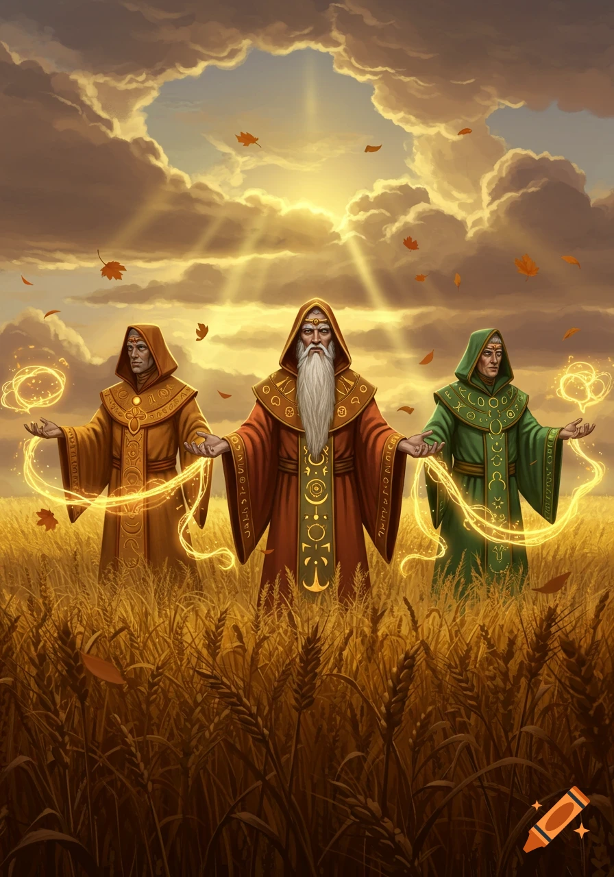 Three robed mages, one with a long white beard, stand in a golden wheat ...