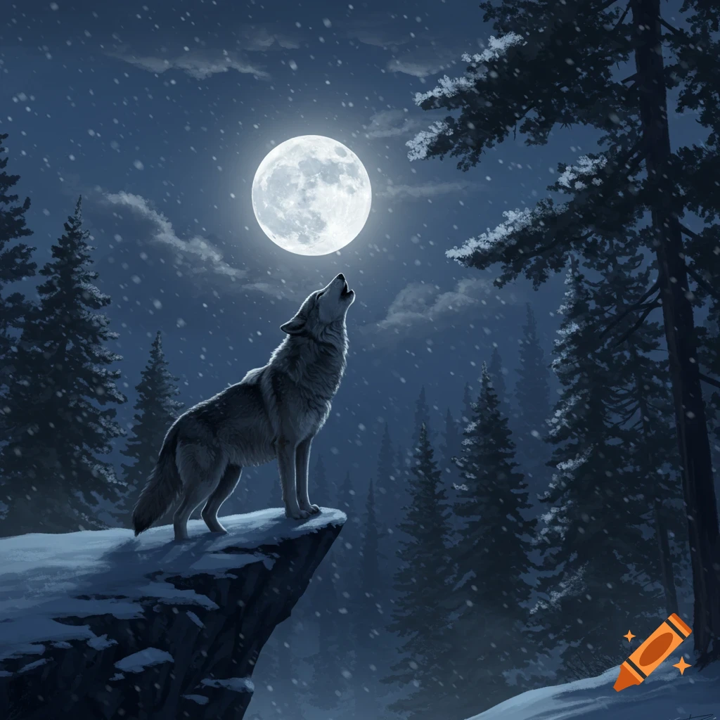 A wolf howls at a bright full moon from a snow-covered cliff in a dark ...