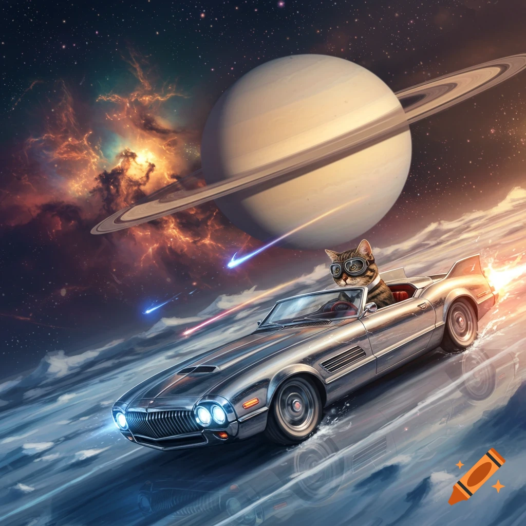 A cat in goggles drives a silver convertible through space with Saturn ...